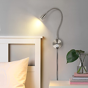 CRISETEK Reading Light Wall Mounted Reading Light headboard Touch Switch Dimmable Reading Lamp Task Directional LED Gooseneck Light AC (120V) Plug in Cable Powered 3W (Matte Black, Warm White)