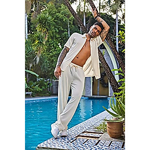 COOFANDY Men's 2 Piece Outfit Casual Short Sleeve Button Down Shirt Beach Summer Loose Pant Sets