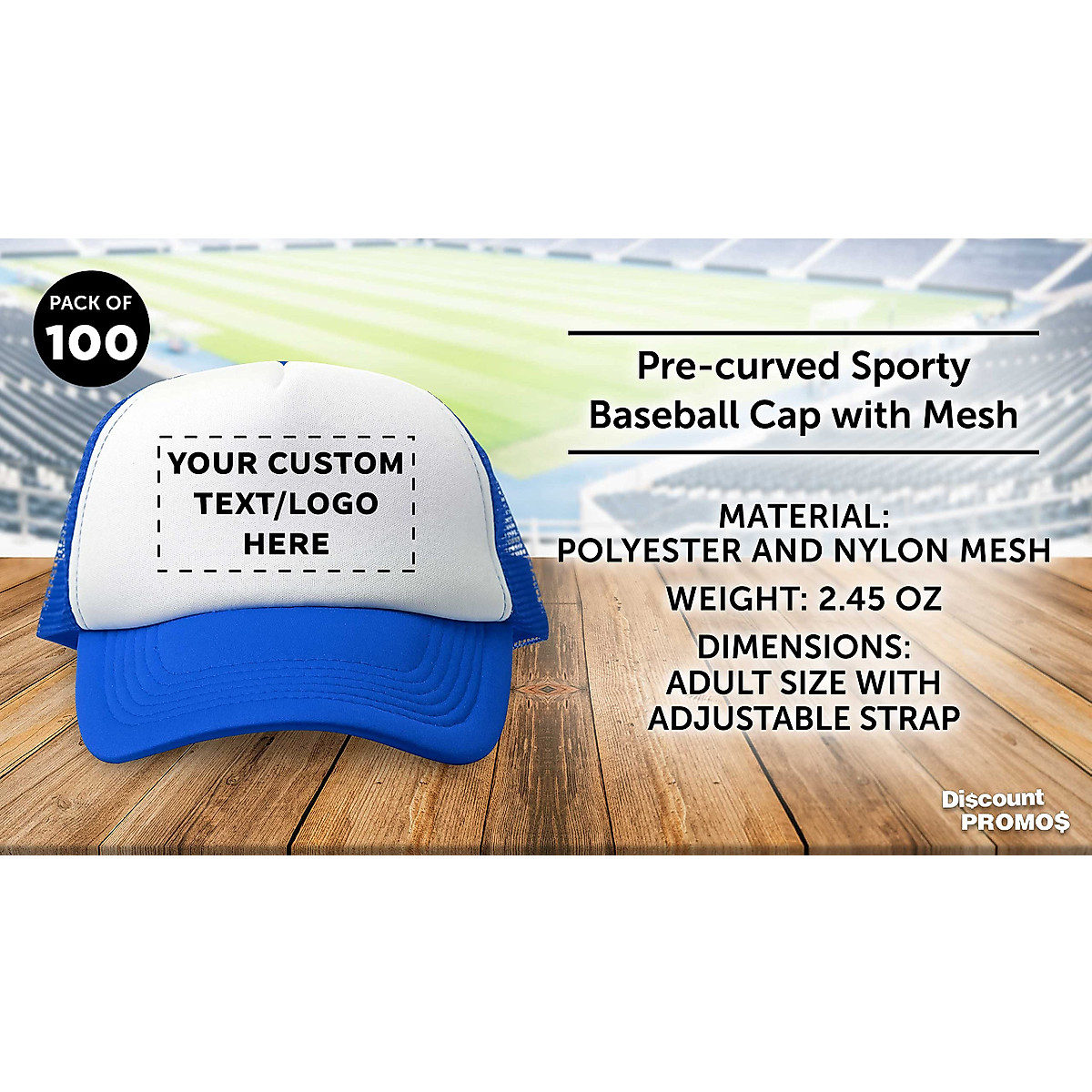 100 Fly Ball Structured Mesh Caps Set - Customizable Text, Logo - Casual, Sporty, Adjustable, Breathable, Comfortable - Blue
