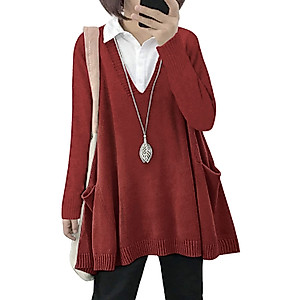 YESNO Women's Sweater with Swing Hem Oversized 2022 Long Sleeve V Neck Knit Pullover Tops Tunic Sweaters with Drop Pockets L WM9TYP1 Rust