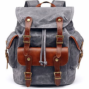 Waxed Canvas Leather Backpack for Men, Military Tactical Shoulder Rucksack for Travel School Bag (M85_Grey)