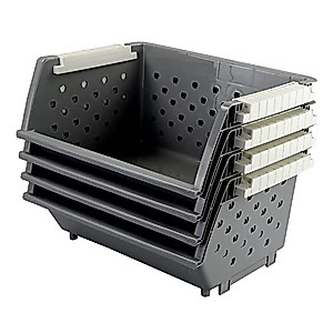 Zerdyne 4-Pack Plastic Stacking Storage Basket, Stackable Organizer Bin, Gray