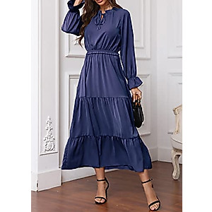 KIRUNDO Women's 2023 Fall Long Sleeve Tie Crew Neck Maxi Dress Casual Empire Waist Boho Ruffle Flowy Long Dresses(Navy, X-Large)