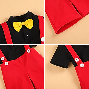 First Birthday Cake Smash Photo Prop Outfits for Baby Boys Romper+Bow Tie+Suspenders Overalls Bib Pants Shorts Ears Headband Halloween Baby Shower Clothing Set Red+Balck-Buttons 12-18 Months