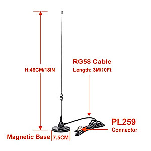 Dualband Antenna 2meter 70cm Mobile VHF/UHF Ham Radio (137-149, 437-480 Mhz) Mag Mount Magnet Base PL-259 Connector, 10 Ft RG58 Cable