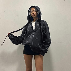 MEOKIM Harajuku Fashion Men's and Women's Zip-Up Hoodie Gothic Stars Pattern Hoodie EMO Streetwear Hoodie (BLACK,Large)