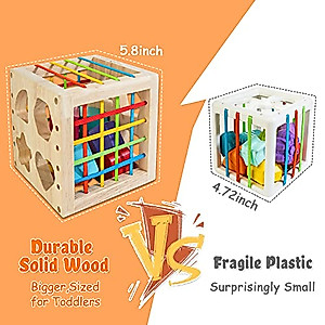 HELLOWOOD Montessori Toys for 1+ Year Old, Wooden Sorter Cube with 8pcs Rattling Shapes, Developmental Learning Toy Gifts for Baby Girls Boys 6-12-18 Months, Gift Packaging