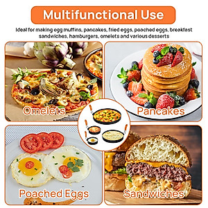 Hhyn Egg Rings for Griddle Frying Eggs Upgraded 4 Packs, Pancake Shapers with Orange Silicone Handle Non-stick Egg Molds for cooking Breakfast Omelette Sandwiches (3", 3.5", 6", 8")