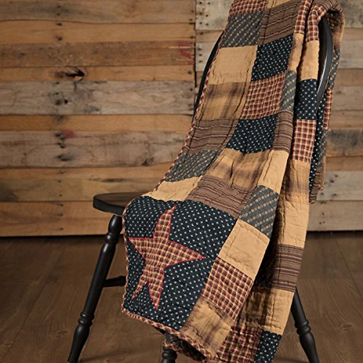 VHC Brands Patriotic Patch Quilted Throw 60x50 Country Patchwork Design, Deep Red and Navy