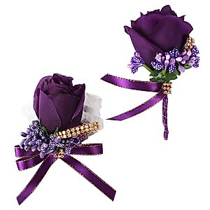 WANLIAN Rose Wrist Corsage Bridesmaid Corsage and Boutonniere Set for Wedding Prom Party Hand Flower Decoration Set of 2 (Purple)