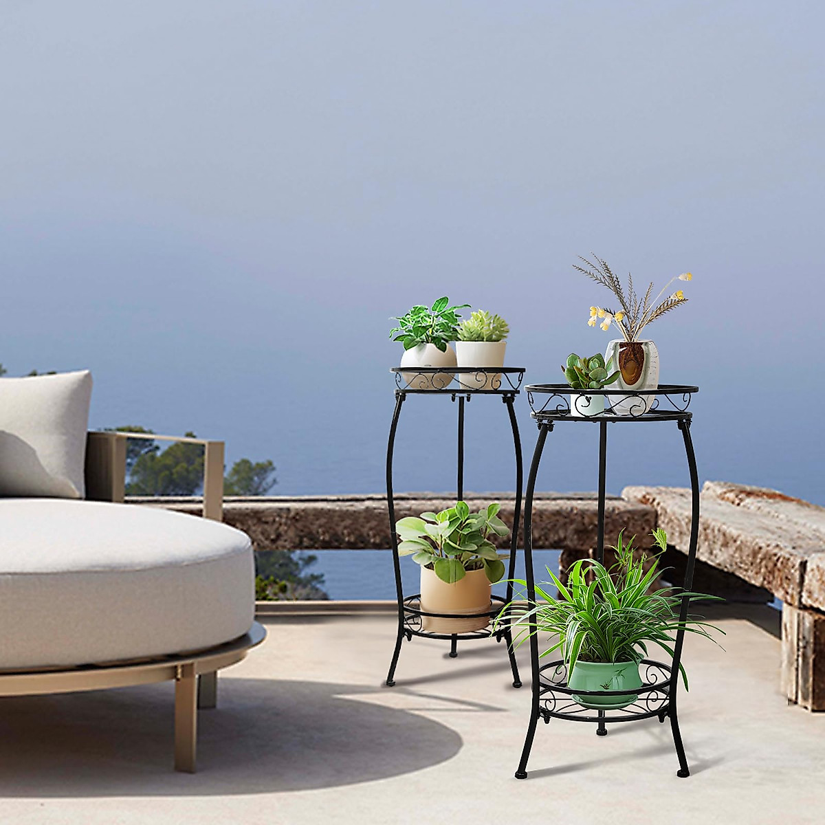 Cometofit Plant Stand Indoor Outdoor 2 Tier 27" Tall Metal Potted Holder Rack Flower Pot Stand Heavy Duty Plant Shelf Rustproof Iron Multiple Plant Round Supports Rack for Planter Corner Garden