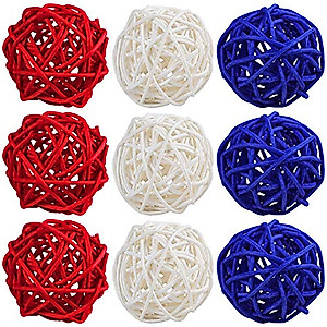 STMK 9 Pcs 3 Inch Wicker Balls Decorations, 4th of July Rattan Balls Decorative for Home Decor DIY Vase Bowl Filler Ornament Baby Room Nursery Décor Wedding Table Decoration (Red, White, Blue)