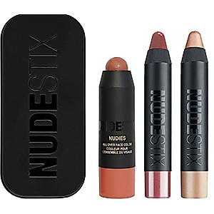 Nudestix Sunkissed Nudes Mini Kit Set with All Over Face Bronze Color in Sunkissed, Magnetic Luminous Eye Color in Nudity, and Gel Color Lip + Cheek Balm in Posh with Tin