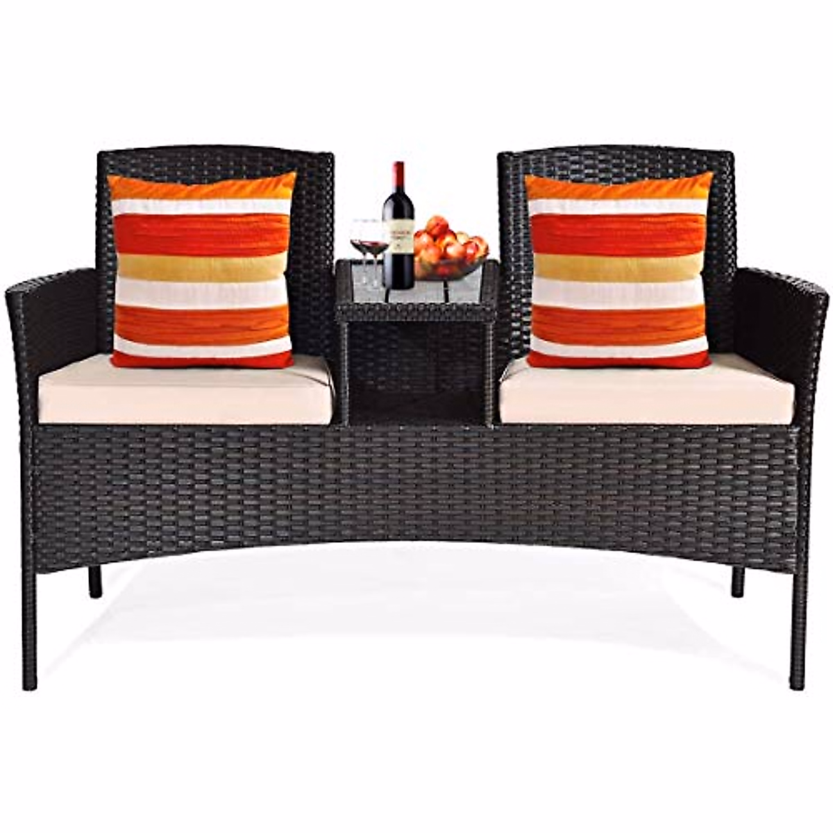 HAPPYGRILL Outdoor Patio Conversation Set with Cushions, Wicker Table Sofas Chair for Garden Lawn Backyard