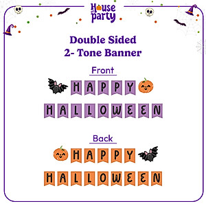 HOUSE OF PARTY Happy Halloween Banner - Happy Halloween Sign - Happy Birthday Halloween Banner - Indoor Halloween Party Decoration with Bat and Pumpkin - Perfect for Mantle, Halloween Party Decor!