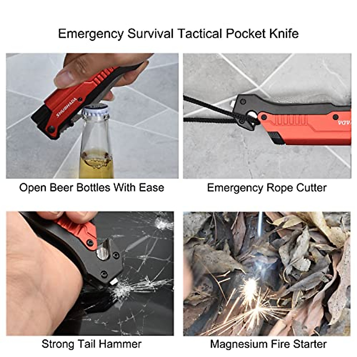 SHUBHADA Damascus Steel Folding Pocket Knives Multi Function Emergency Tool Knives Led Light Magnesium fire starter Seatbelt cutter Glass breaker Bottle opener (Red)