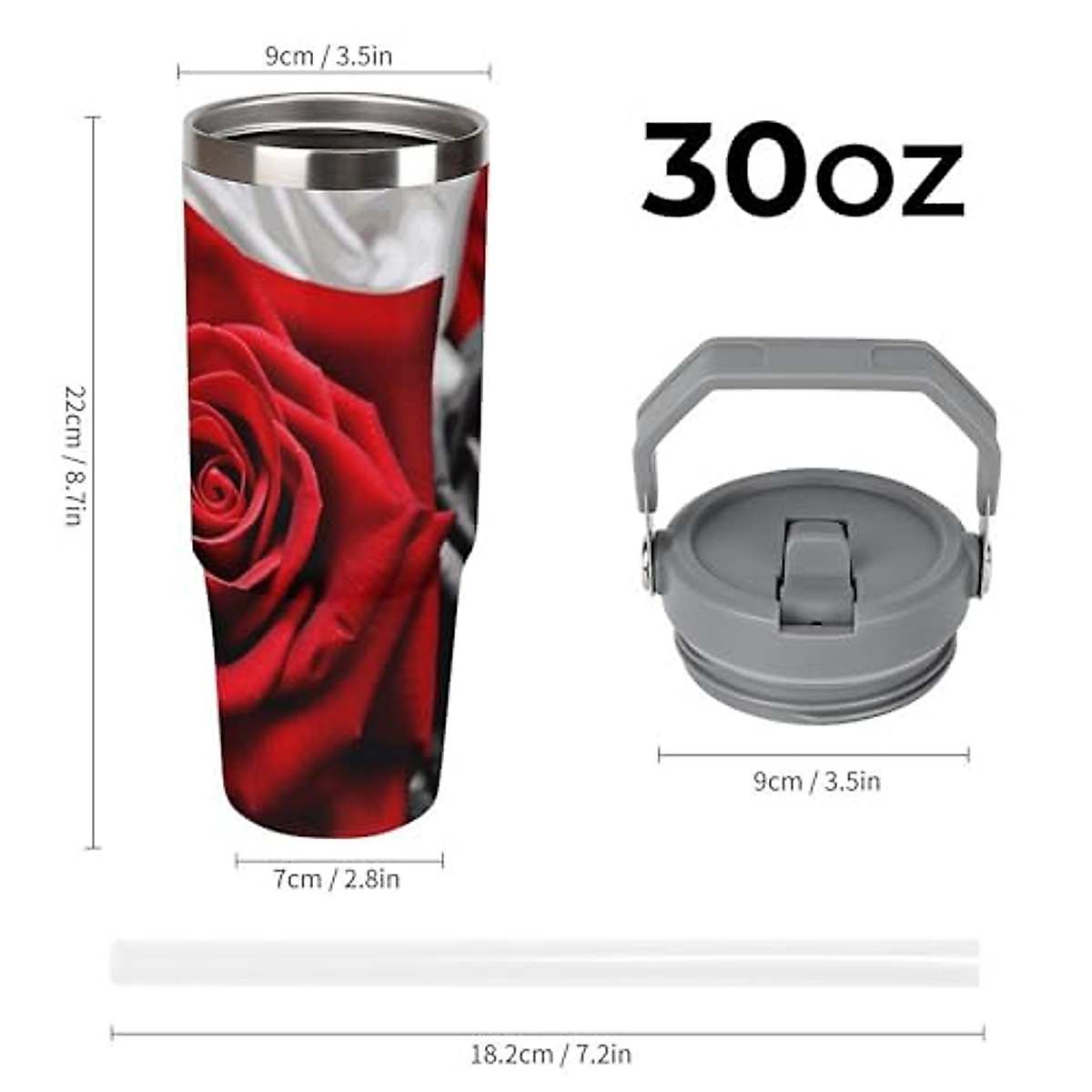 30oz Stainless Steel Insulated Tumbler with Flip Lid & Straw, Leakproof Travel Mug for Car, Black White And Red Roses Double Wall Vacuum Thermal Coffee Cup with Handle, Spill-Proof Design for Hot/Cold