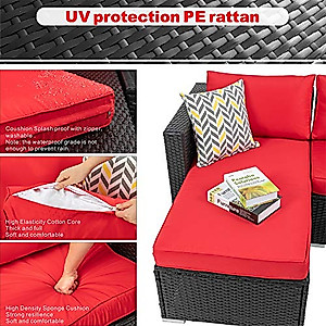 Walsunny 3 Piece Patio Furniture Set Outdoor Sectional Sofa with Upgrade Rattan Wicker Conversation Loveseat Couch(Black Rattan)(Red)
