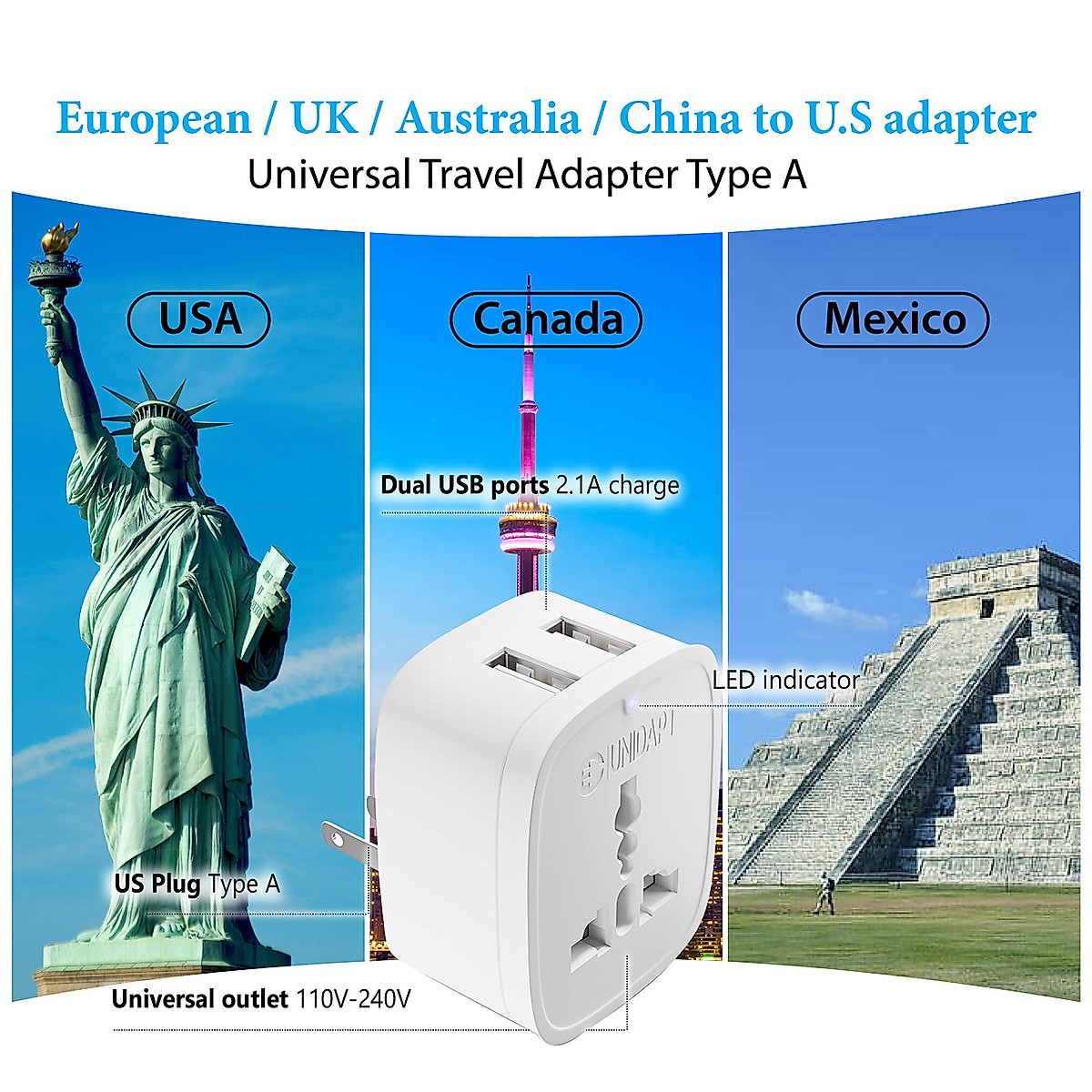 China to US Plug Adapter, Unidapt European to US Pin Converter with 2 USB Ports, 3 in1 Wall Charger Power Adapter, Travel from EU Australia China UK Europe to USA Canada Mexico Japan (Type A)