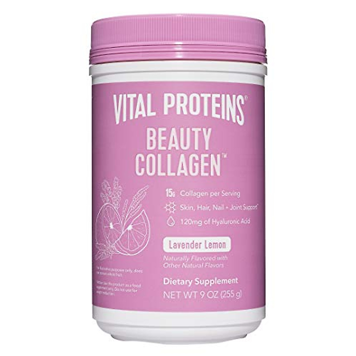 Vital Proteins Beauty Collagen Peptides Powder Supplement for Women, 120mg of Hyaluronic Acid - 15g of Collagen Per Serving - Enhance Skin Elasticity and Hydration - Lavender Lemon - 9oz Canister