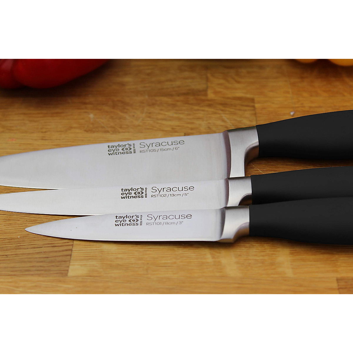 Taylors Eye Witness Syracuse Kitchen Knife 3pce Set - Paring 9cm/3.5”, Chefs 15cm/6” & Cooks All Purpose 13cm/5” Cutting Edge. Ultra Fine, Razor Sharp Blade. Soft Textured Grip Matte Black Handle.