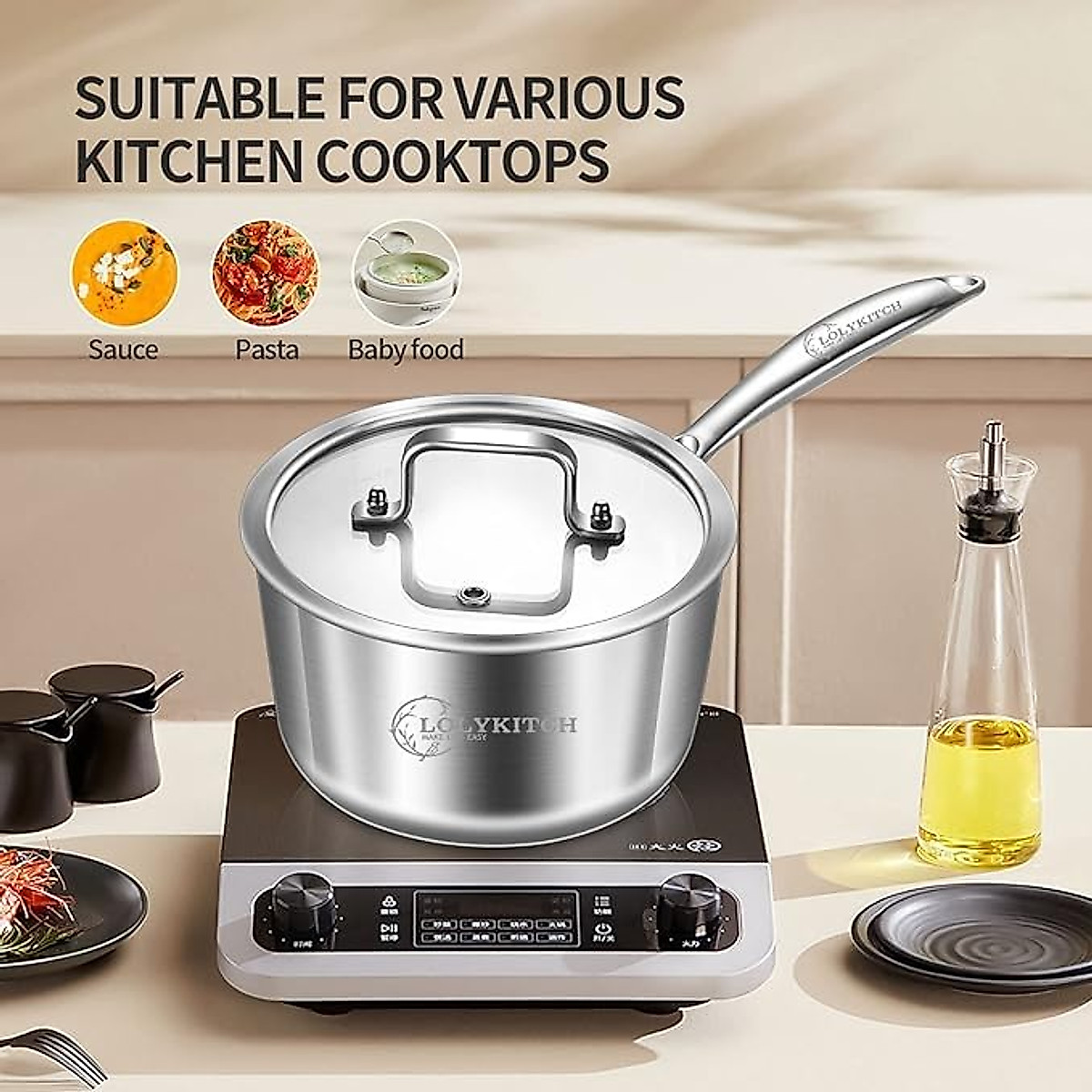 LOLYKITCH Whole Body Tri-Ply Stainless Steel Saucepan Set of 2,1QT & 3QT,Induction Pots,Saucepans with Lids,Oven and Dishwasher Safe.