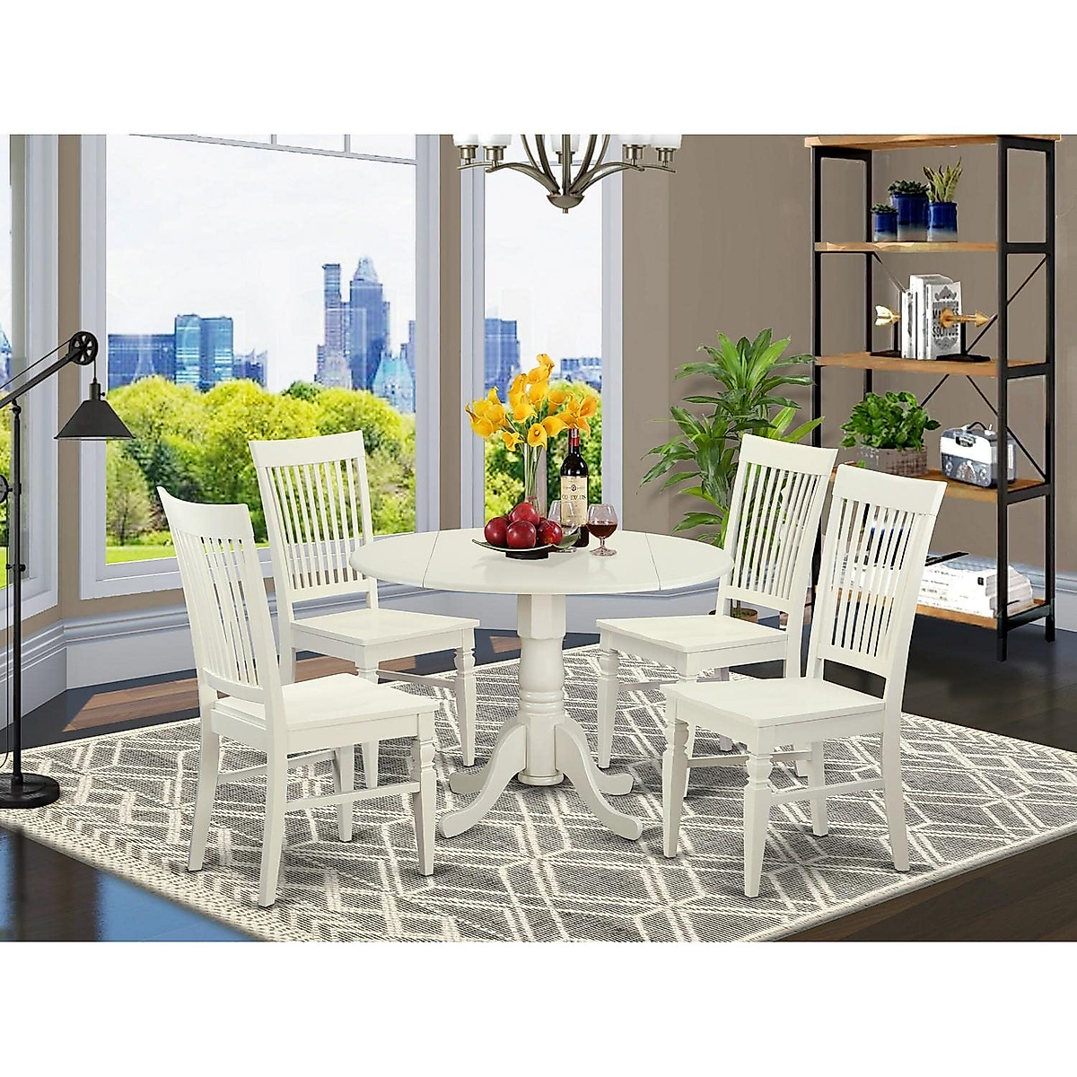 East West Furniture DLWE5-WHI-W 5 Piece Dining Table Set for 4 Includes a Round Kitchen Table with Dropleaf and 4 Dining Room Chairs, 42x42 Inch, Linen White