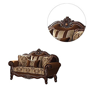 simple relax Cherry Oak Fabric Upholstered Wooden Loveseat with Rolled Arms