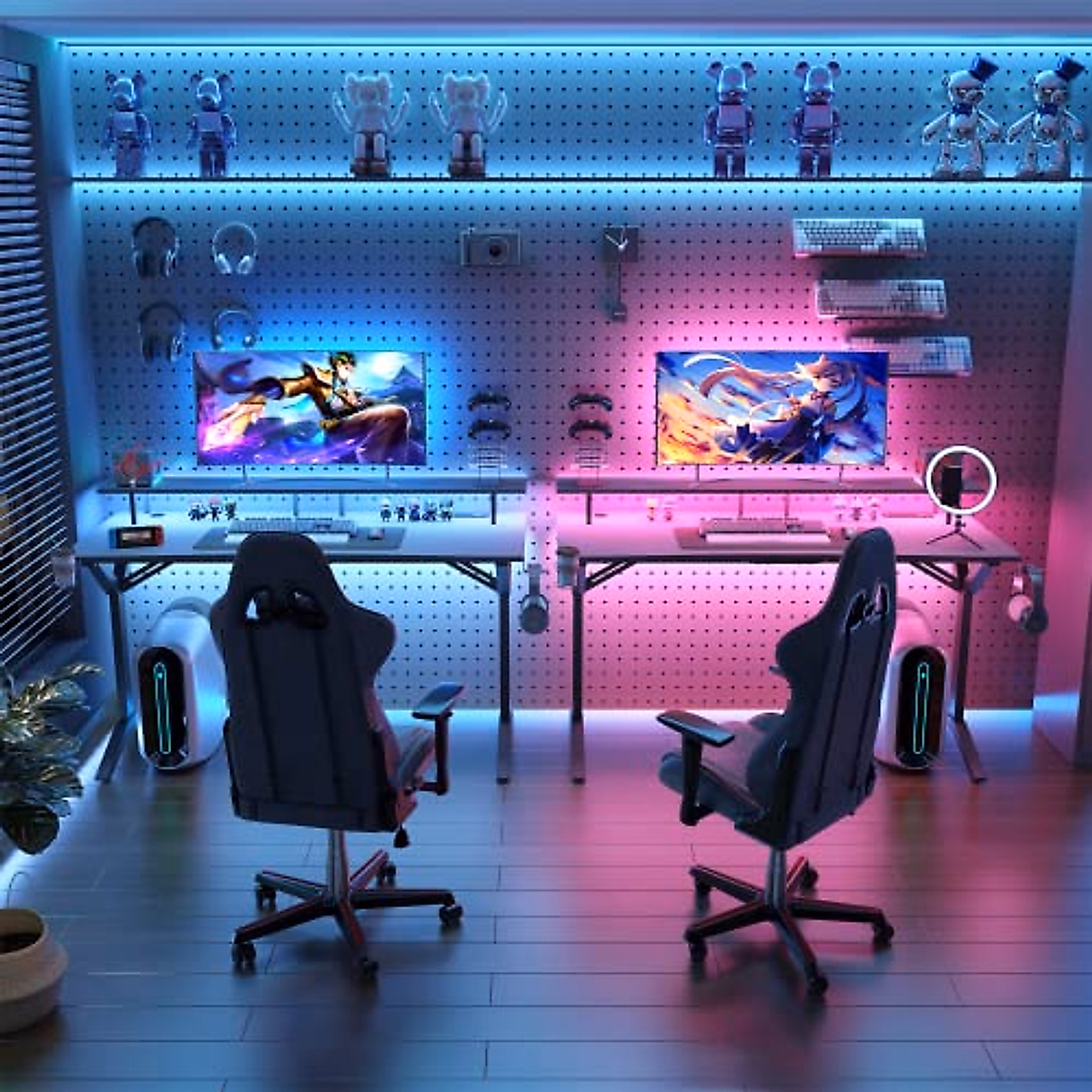 Mr IRONSTONE Gaming Desk 55 Inch with LED Lights & Power Outlets, Computer Gamer Desk with Full Mouse Pad & Carbon Fiber Surface, Y Shaped Leg Gamer Table with Monitor Stand, Gift for Boys Men