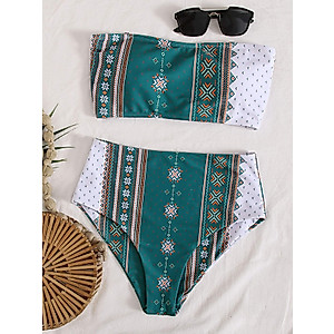 Floerns Women's Boho Two Piece High Waist Bathing Suit Bandeau Swimsuit Dark Green Multi M