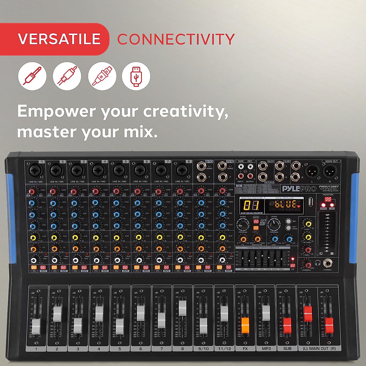 PYLE 12-Channel Bluetooth Studio Audio Mixer - DJ Sound Controller Interface with USB Drive for PC Recording Input, RCA, XLR Microphone Jack, 48V Power, For Professional and Beginners - PMXU128BT