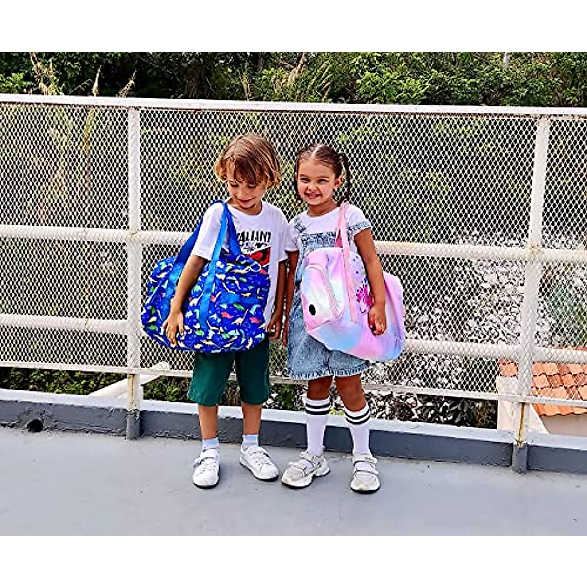 CAMTOP Kids Duffel Overnight Bag Boys Girls Weekender Carry-On Personalized Tote for Travel Gym Sport (Dinosaur-Dark Blue)