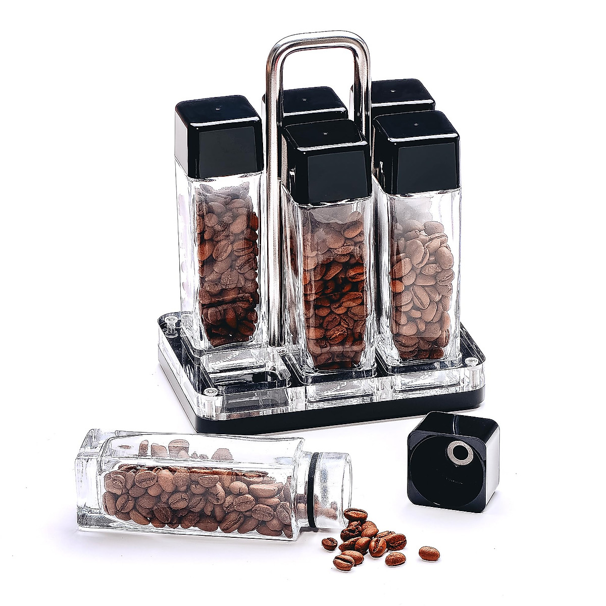 Normcore 6 Tubes Single Dose Espresso Bean Cellars, Coffee Beans Storage Tube Vial Vault with One-Way Exhaust Valve, Glass Coffee Bean Capsules with Display Stand and Funnel