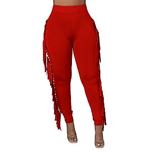 Women's Fringe Pants Casual High Waist Solid Bodycon Side Tassel Pants Yoga Pants Sweatpants Bandage Pants Red Large