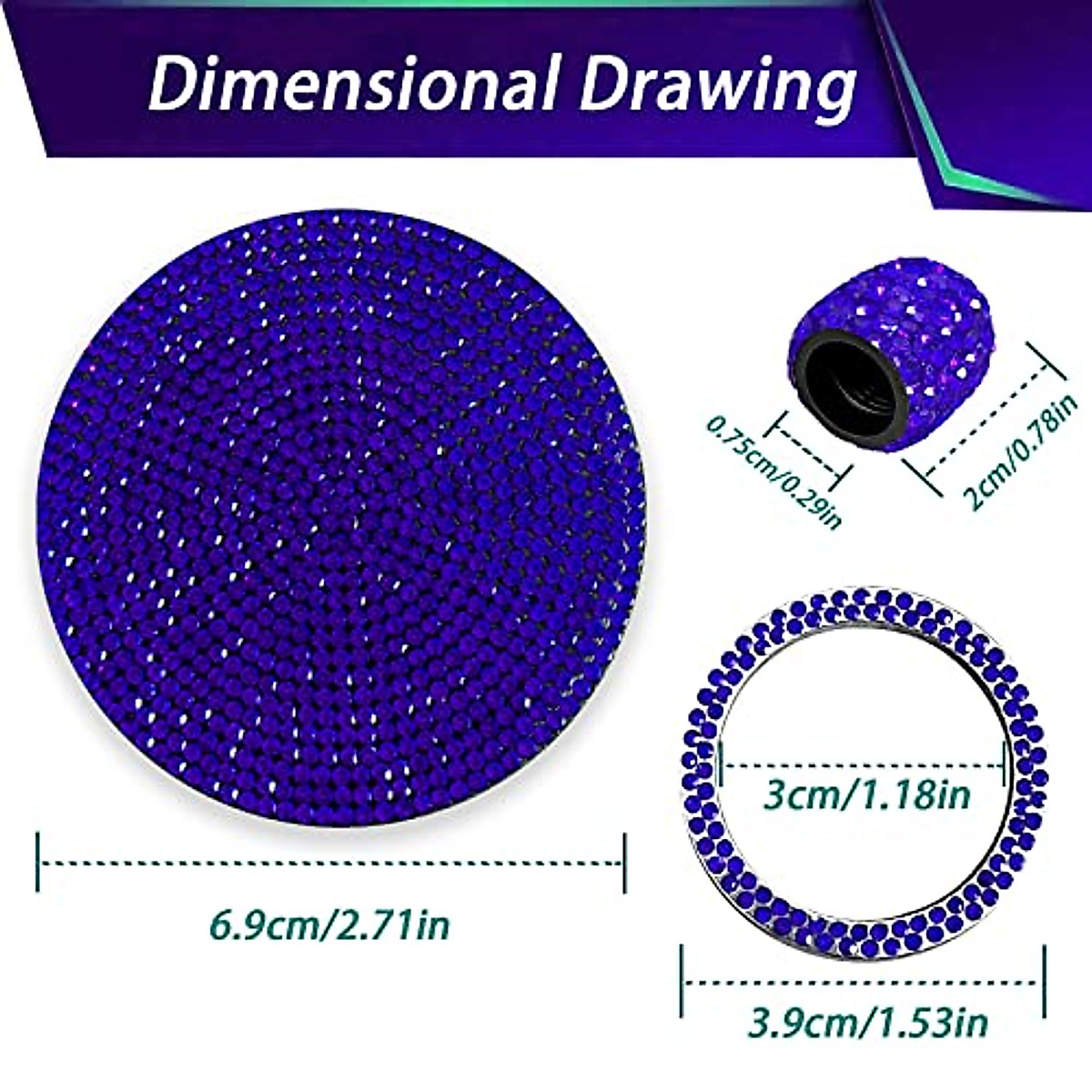 3 Style Bling Car Accessories Set, Car Tire Valve Stem Caps, Car Engine Start Stop Decoration Ring, Crystal Rhinestone Car Cup Holder Coasters, for Women Suits for Most Cars, Trucks and RVs, Blue