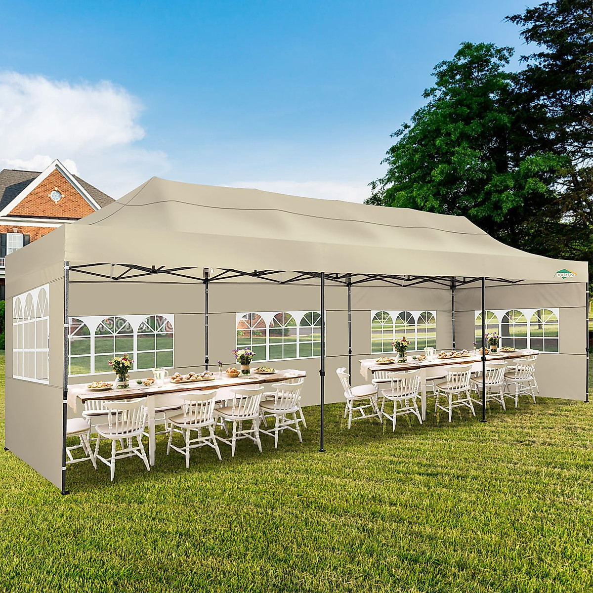 COBIZI 10x30 Heavy Duty Pop up Canopy with 8 sidewalls Stable Wedding Outdoor Tents for Parties Canopy Pop Up Party Tent UPF 50+ Waterproof Commercial Gazebo with Roller Bag, Khaki(Windproof Upgraded)