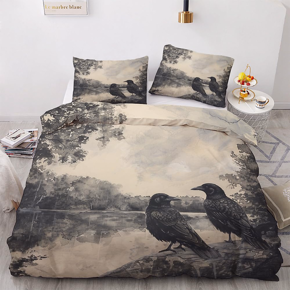 OmErsa Crow Duvet Cover King Size Bedding Set 3 PCS, Scenery Comforter Cover & 2 Pillowcases Soft Microfiber Patterned Bedroom Decorations for Adults Teens