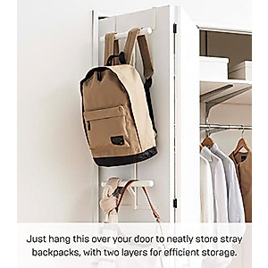YAMAZAKI Home Tower Backpack Over The Door Hanger for Closet Or Bedroom, Two-Tiered Bookbag Metal Storage Rack, Easy Installation - Steel