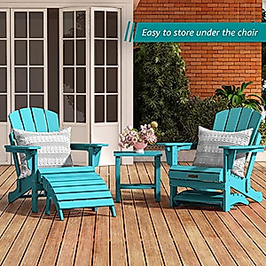 SERWALL 5-Piece Adirondack Chair and Ottoman and Table Set, Weather Resistant Adjustable Backrest Adirondack Chair with Ottoman and Side Table, Adirondack Chair for Backyard, Garden, Deck, Cyan Blue