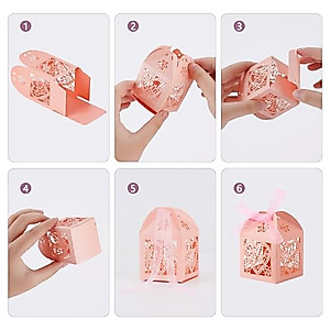 12TEN 50 Pack Thank You Gift Boxes for Wedding Party Favors Boxes Laser Cut boxes Party Favor Box Small Gift Boxes for Wedding Baby Shower Birthday Party with Ribbons, 55 Free stickers (Pink)