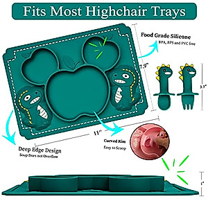 NICINGU 3Pcs Toddler Silicone Placemat Spoon and Fork Set,Divided Plate Dish for Baby Kids Infant Self Feeding Training，Non-Suction BPA Free Microwave Dishwasher Safe-Blue Dinosaur