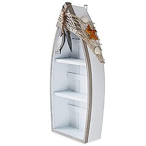 Morning View Wood Boat Shelf Decor Nautical Beach Theme Display Boat with 2 Shelves Standing Boat Shelf Wooden Boat Shelf Nautical Home Decor 6.7×3×16.5 Inch