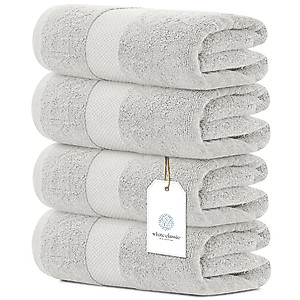 White Classic Luxury Bath Towels Large - Cotton Hotel spa Bathroom Towel |30x56 | 4 Pack | Silver