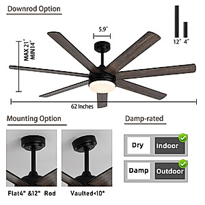 Viossn 62 Inch Outdoor Ceiling Fan with Lights, 7 Reversible Blades, Dimmable, Black with 6" & 12" Downrods for Bedroom, Living Room, Patio