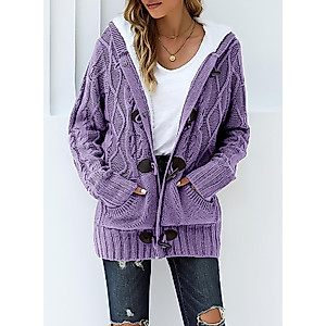 Dokotoo Womens Fashion 2024 Ladies Winter Hooded Casual Fluffy Cardigans Sweaters Solid Open Front Long Sleeve Cable Knit Sweaters Fleece Coats Outerwear with Pockets Purple Medium