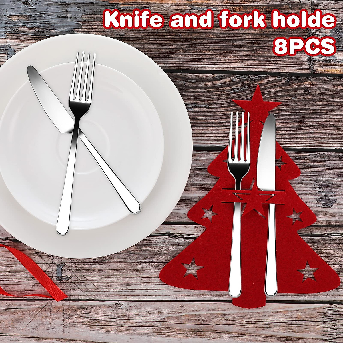 Molain Christmas Tree Cutlery Holders, 8pcs Christmas Cutlery Holders, Christmas Silverware Holders Set, Xmas Table Decorations, Pockets Knifes Forks Tableware Bags Dinnerware for Party Home Decor