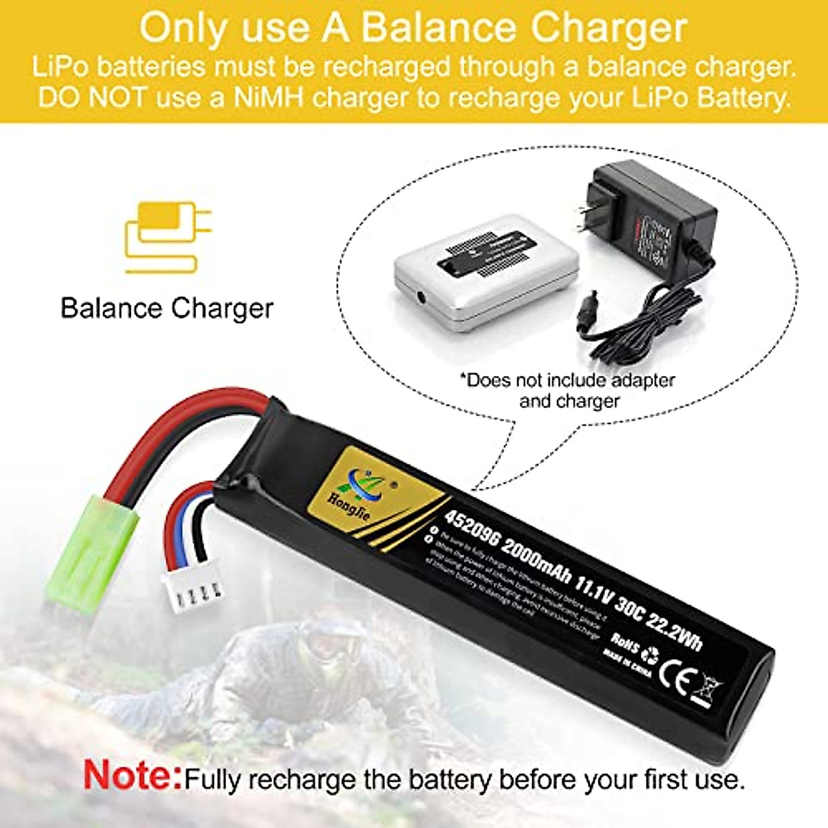Airsoft Battery 11.1V Rechargeable 3S LiPo 2000mAh 30C Hobby Battery with Mini Tamiya & JST XH Connector for Airsoft Model Guns Rifle RC Car Drone