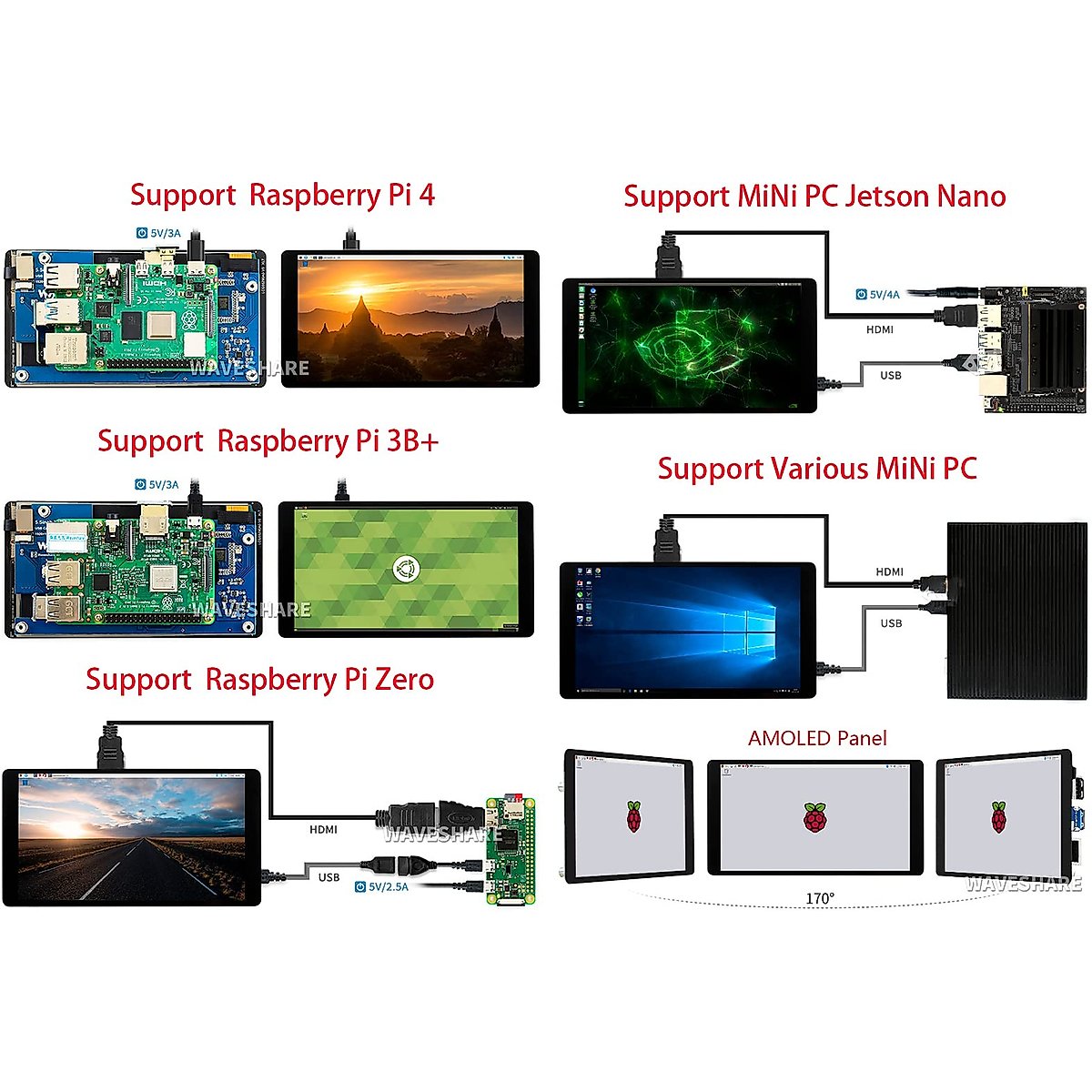 waveshare 5.5inch HDMI AMOLED Display 1080x1920 Resolution Capacitive Touch Screen with Toughened Glass Cover 6H Hardness for Raspberry Pi 4B/3B+/3B/2B/Zero/Zero W and Jetson Nano,PC,Multi Systems