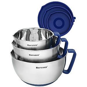 Rorence Mixing Bowls Set: Stainless Steel Non-Slip Bowls with Pour Spout, Handle and Lid - Set of 3 - Blue