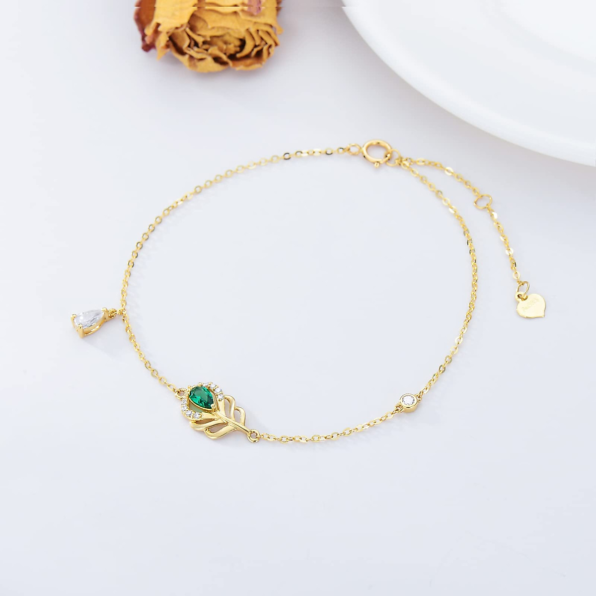 SISGEM Real 14k Gold Peacock Feather Bracelet for Women, 14 Karat Gold Animal Lover Wrist Jewelry Gifts for Her, 6.8"+0.8"+0.8"